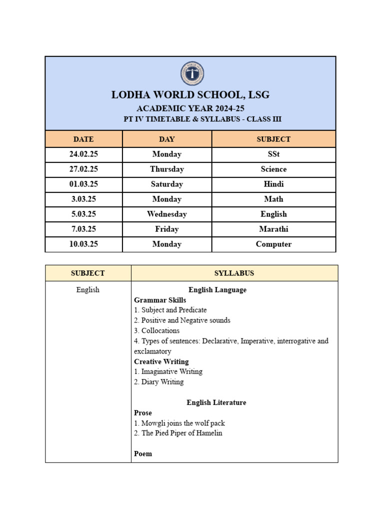 Class III Timetable & Syllabus 2024-25 | PDF
