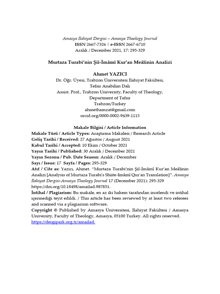 Murtaza Turabi’Nin Şiî-İmâmî Kur’an Meâlinin Analizi | PDF | Shia Islam | Surah