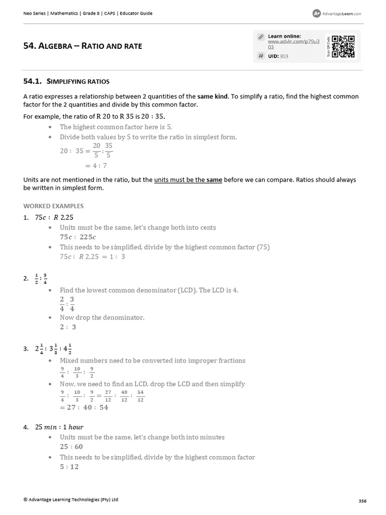 Advantage Learn Neo Series Mathematics Grade 8 Ed3 CAPS Unit 54 Memo ...