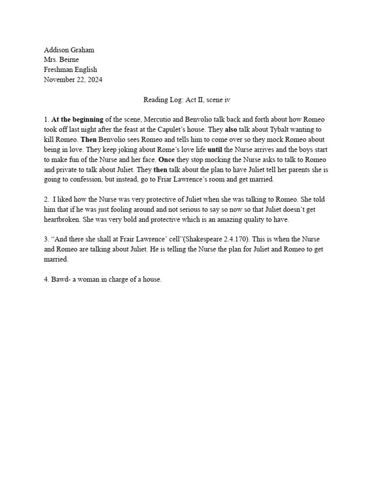 Reading Log - Act II, Scene IV | PDF