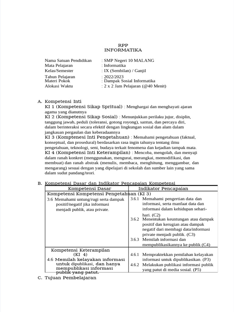 PDF RPP Dampak Sosial Informatika | PDF