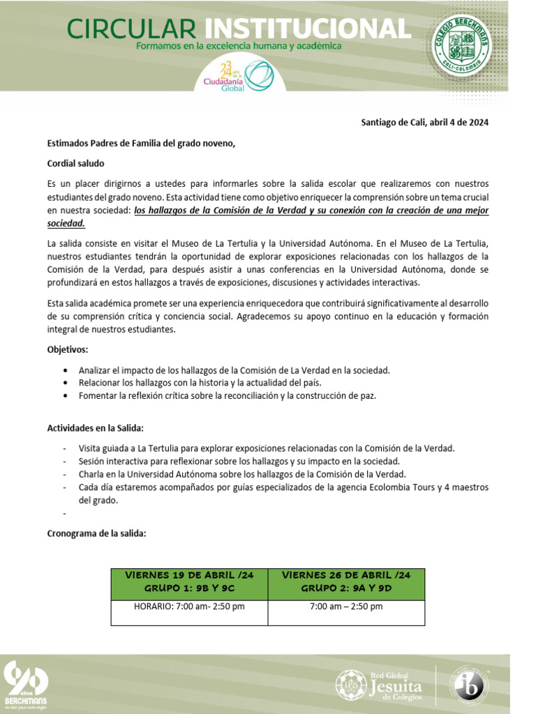 Circular Salida Escolar Grado 9° | PDF
