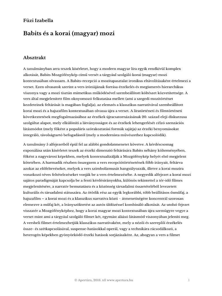 Fuzi Izabella - Babits Es A Korai Magyar Mozi - 11384 | PDF