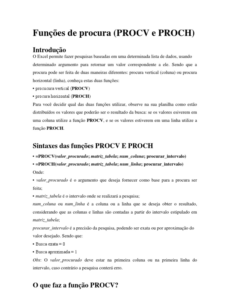 Funções de Procura PROCV PROCH | PDF | Função (Matemática) | Planilha