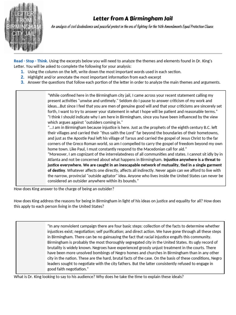 Analyzing King's "Letter from Birmingham Jail" | PDF | Martin Luther ...