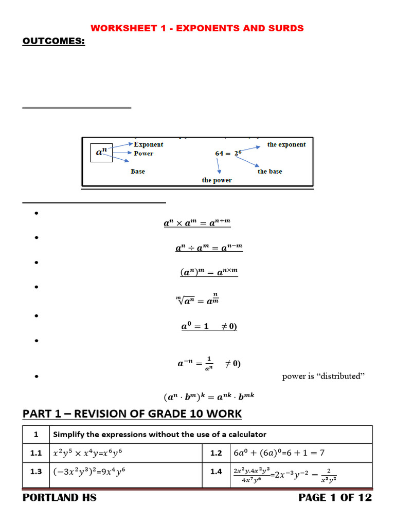 11 Maths TERM 1 - EXPONENTS AND SURDS 2024 | PDF | Numbers | Equations