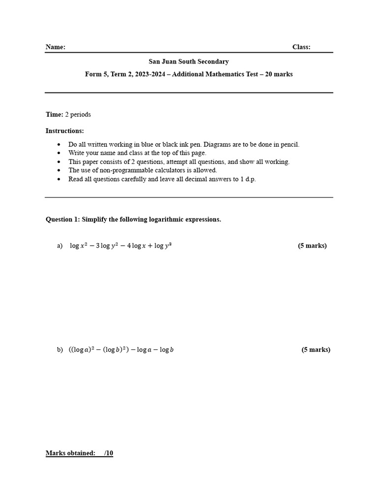 Form 5 Sjssaddmathsexam 20 Marks | PDF