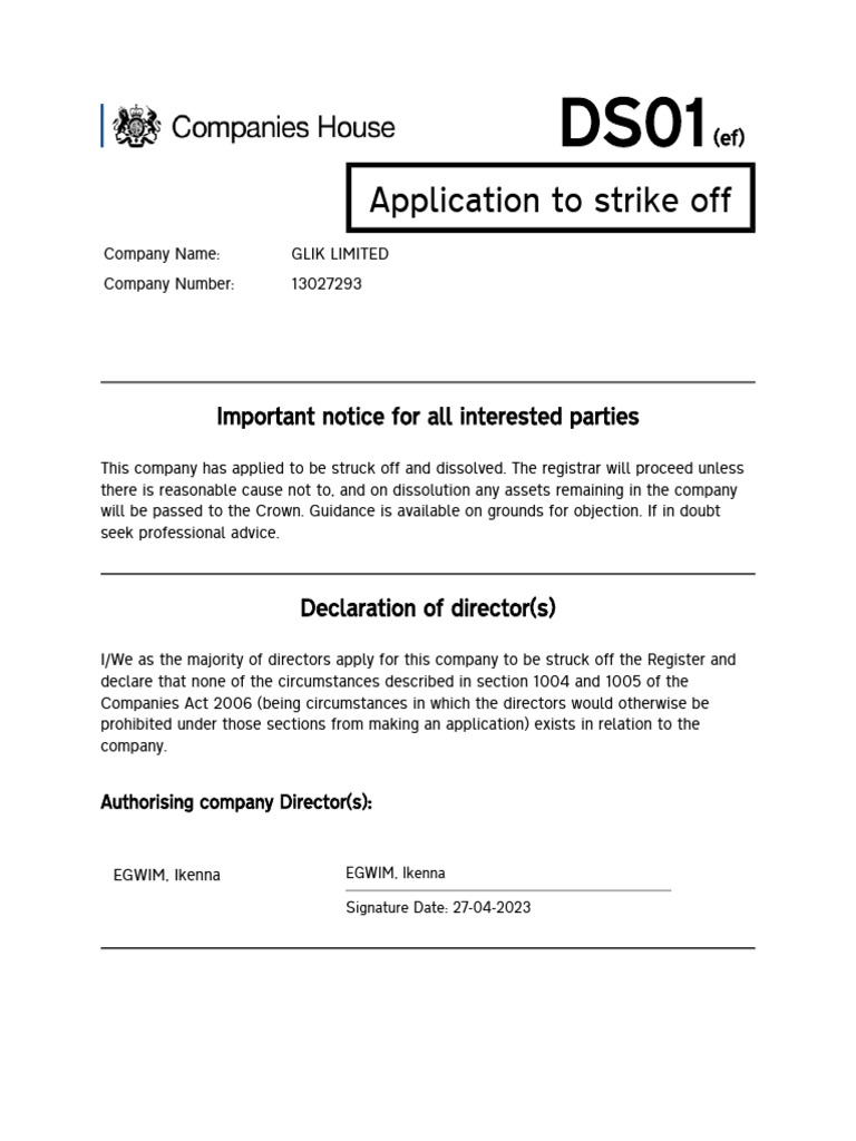Apply to Strike Off and Dissolve a Company CWLJQ5 Glik Ltd | PDF