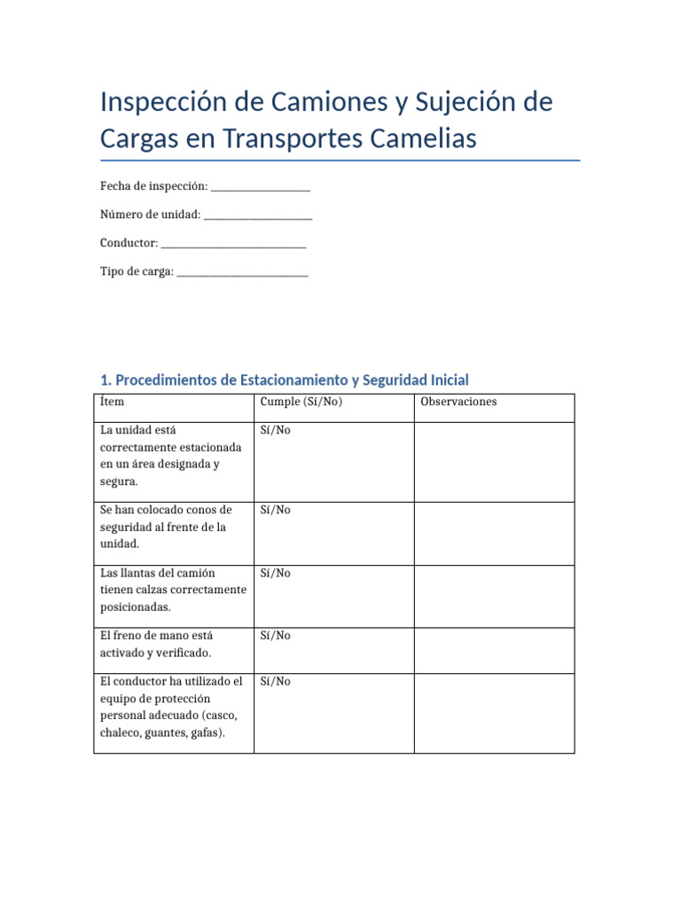 Checklist Camiones Sujecion Transportes Camelias | PDF
