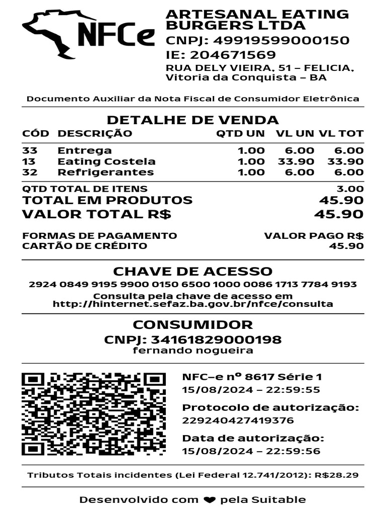 Nota Fiscal Eletrônica - Artesanal Eating | PDF