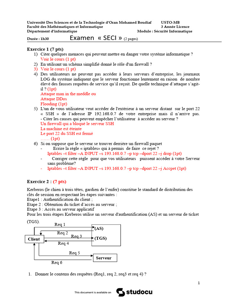 Examen de Sécurité Informatique USTO-MB | PDF | Sécurité | Sécurité des ...