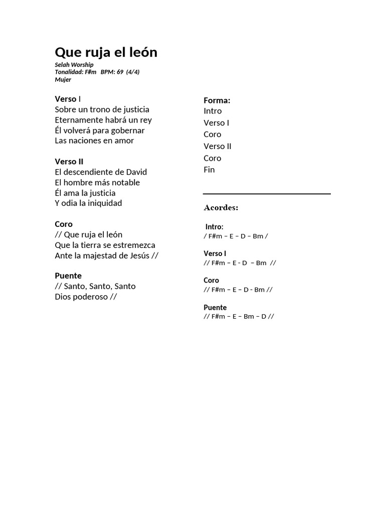 Acordes y letra de "Que ruja el león" | PDF