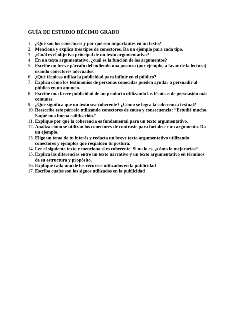 Guía De Estudio Décimo Grado Pdf