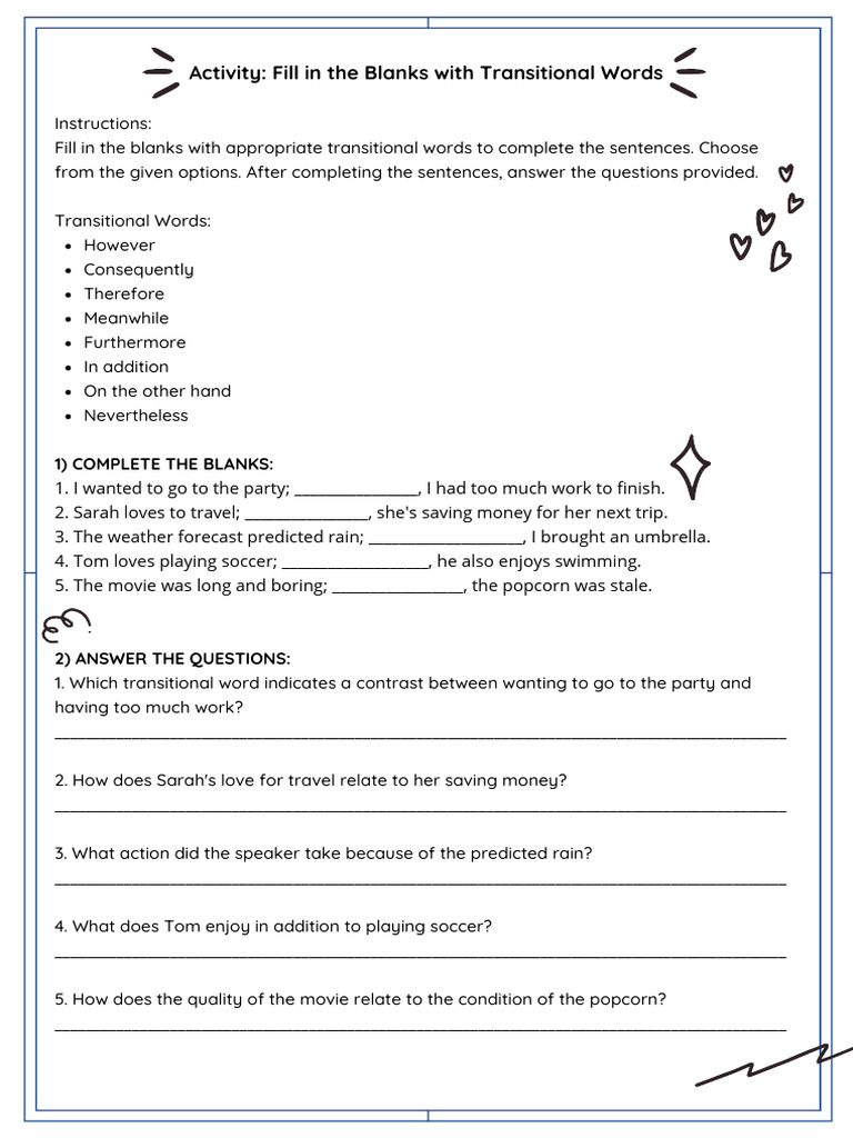 Transitional Words Worksheet for 5th Graders | PDF