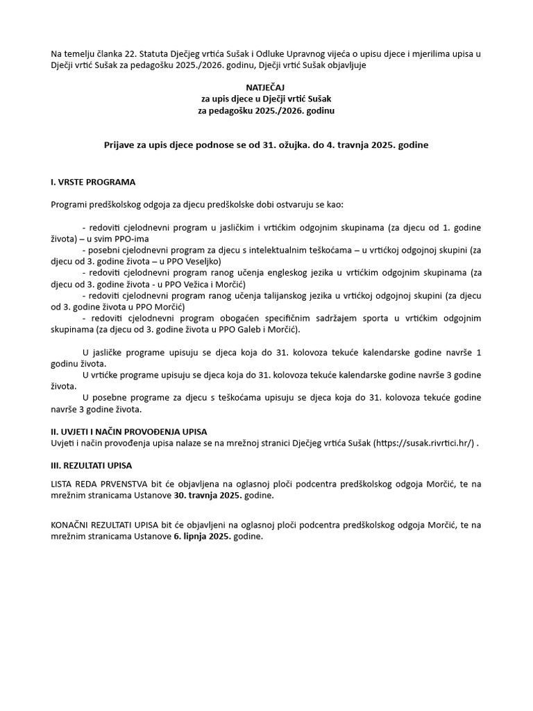 Natjecaj Za Upis Djece U Djecji Vrtic Susak 2025-26 | PDF