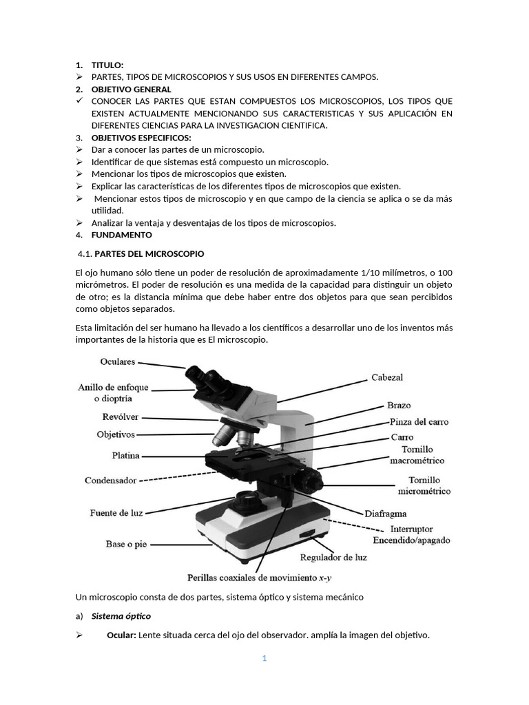 Partes del microscopio monocular | PDF | Microscopio | Óptica