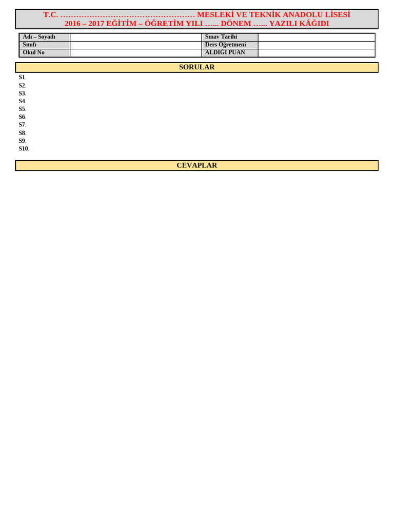 SINAV ŞABLON Klasik 10 Soru Işaretlemesiz | PDF