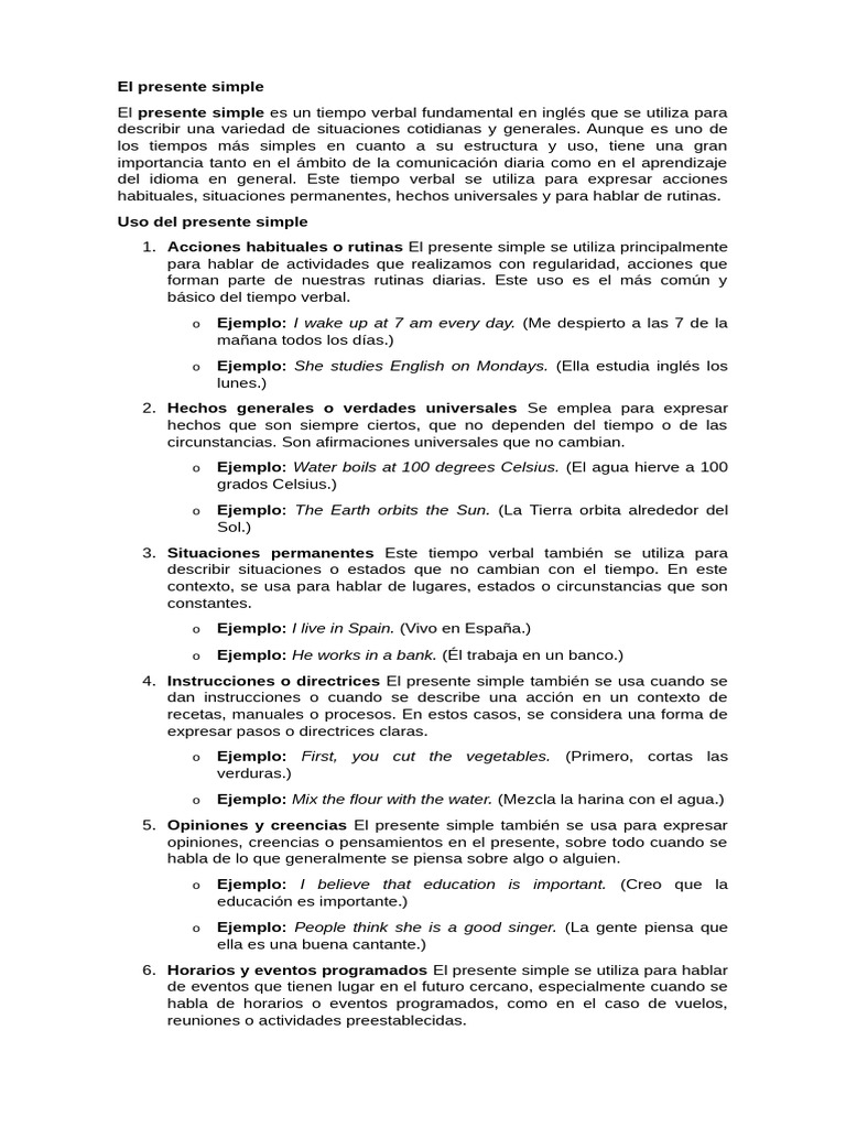 Uso y estructura del presente simple | PDF | Verbo | Relaciones sintácticas