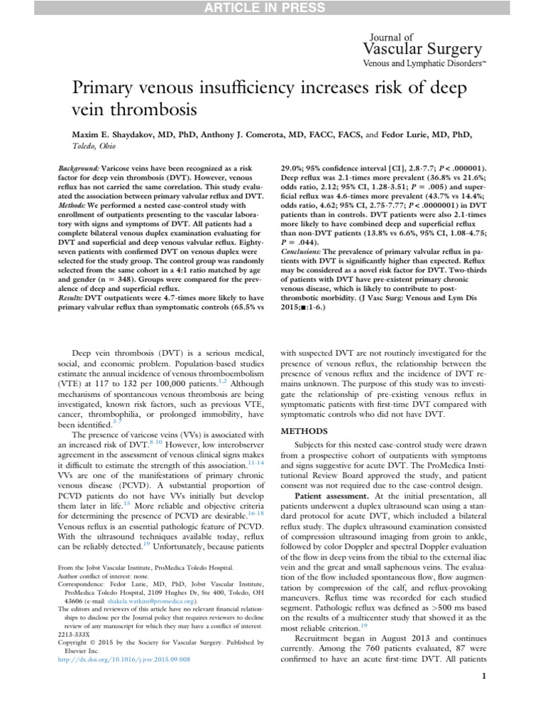 Primary Venous Insufficiency Increases Risk of Deep | PDF | Varicose ...