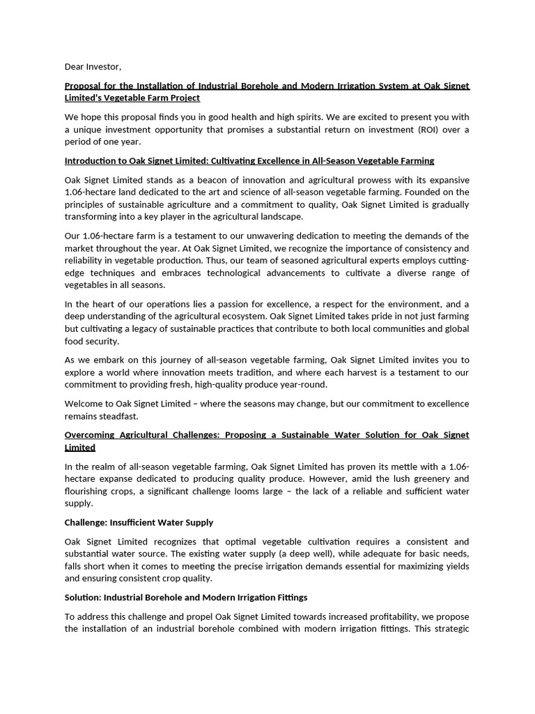 Borehole Installation Proposal | PDF | Return On Investment | Agriculture