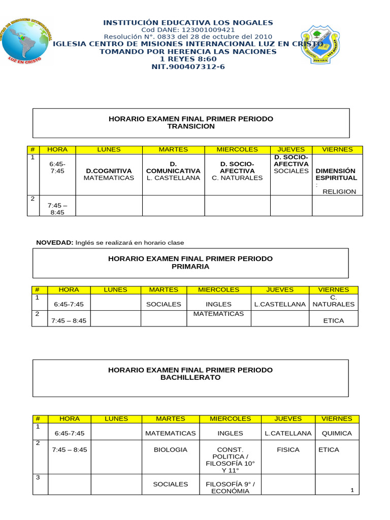 HORARIO DE EXAMENES 1 PERIODO | PDF