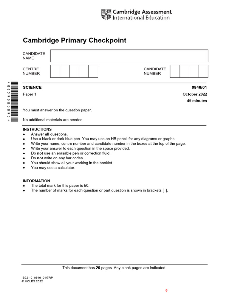 Cambridge Grade 6 Science Paper 2022 | PDF | Heart Rate