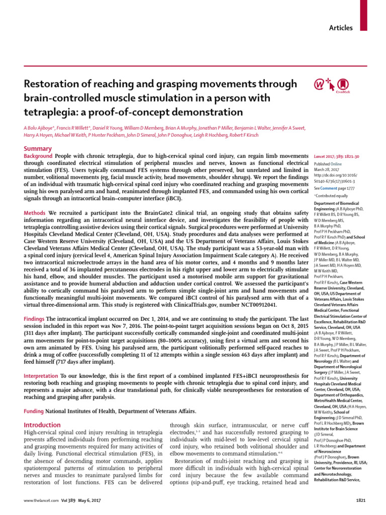 Restoration of Reaching and Grasping Movements Through Brain-Controlled ...