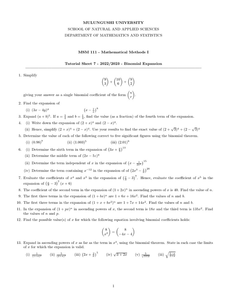MSM 111 - Binomial Expansion - T7 | PDF | Mathematical Analysis | Mathematical Objects