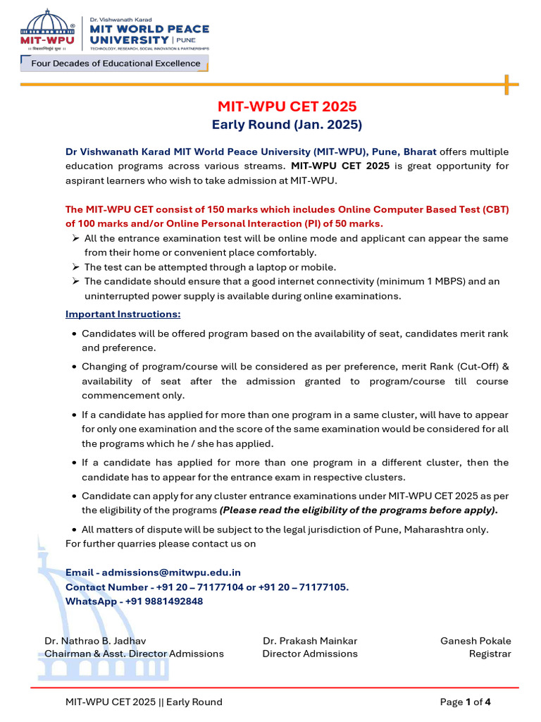 MIT WPU CET Early Round V2 | PDF | University And College Admission ...