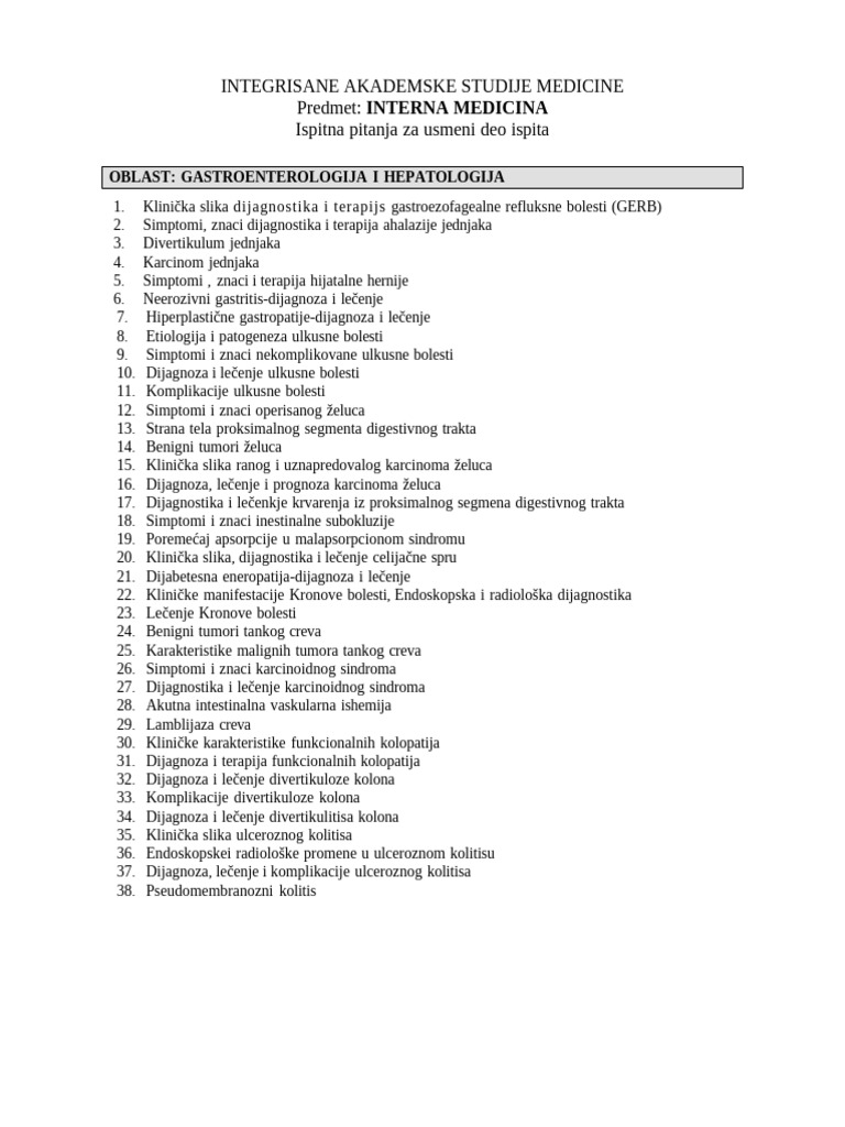 Interna Medicina. Ispitna Pitanja 1 | PDF