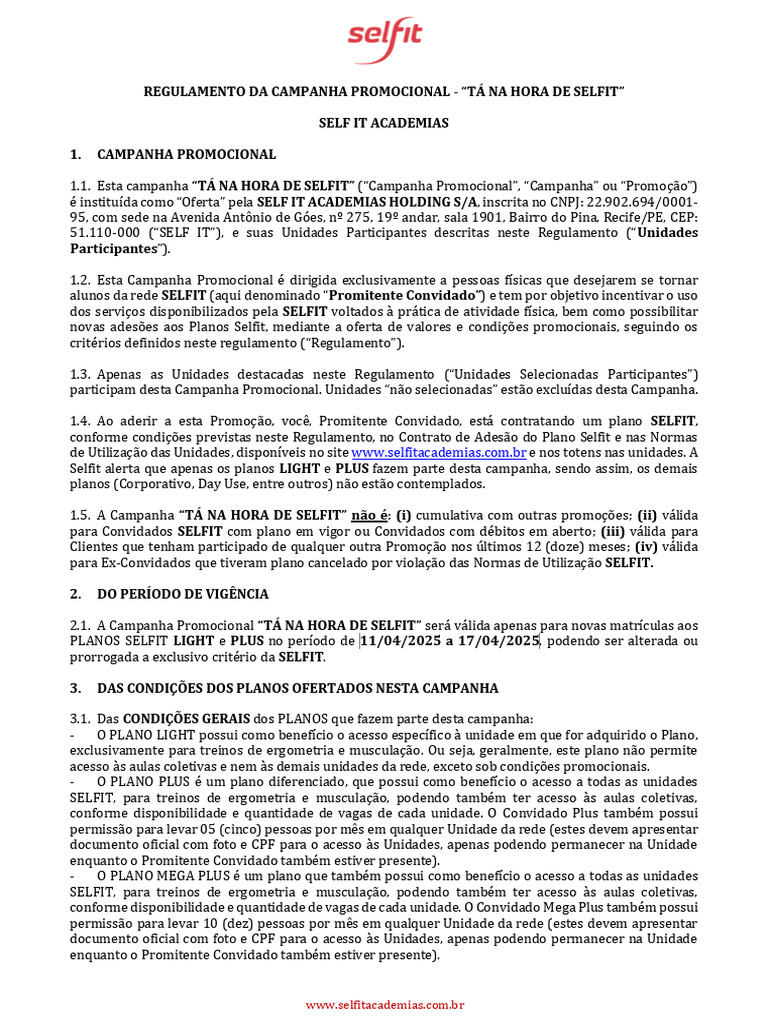 SELFIT - REGULAMENTO - TÁ NA HORA DE SELFIT - PL Com WB - 10.ABR.2025 | PDF