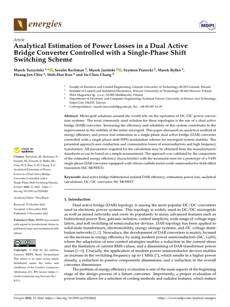 Analytical Estimation Of Power Losses In A Dual Active Bridge Converter Controlled With A Single