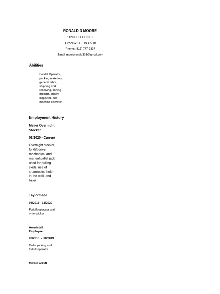 Forklift Operator Resume of Ronald Moore | PDF