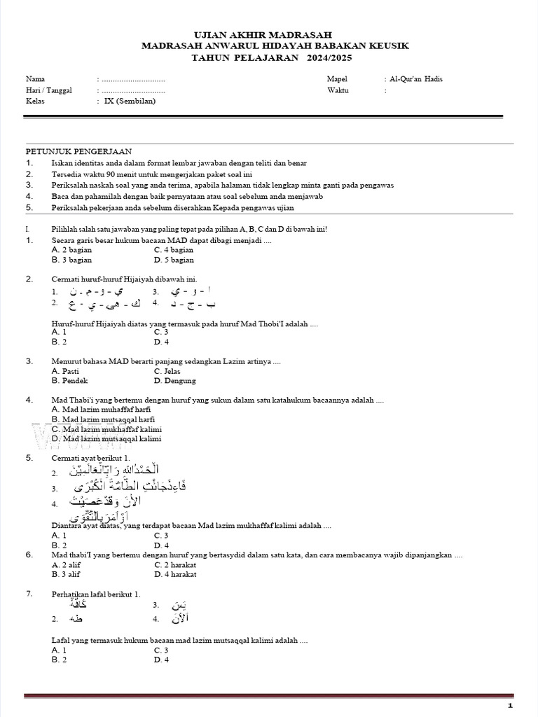 PDF Soal Pat Uam II Quran Hadis Kelas Ix - Compress | PDF