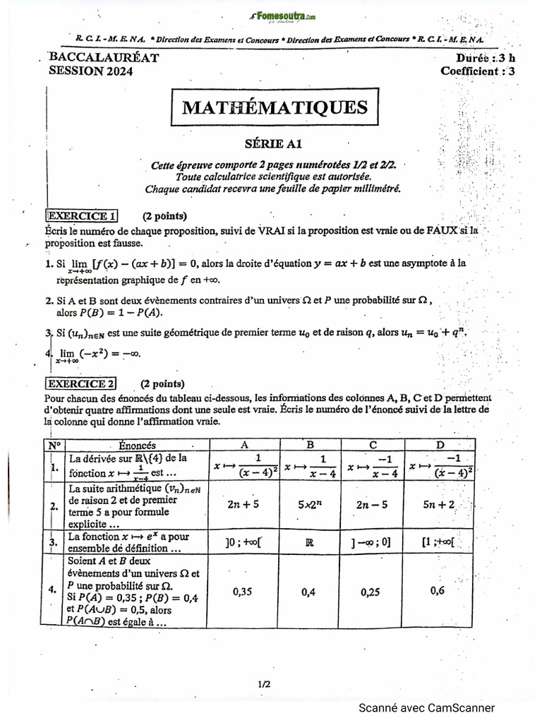 Bac 2024 Maths Serie A1&A2 Sujet+Barême by Tehua | PDF