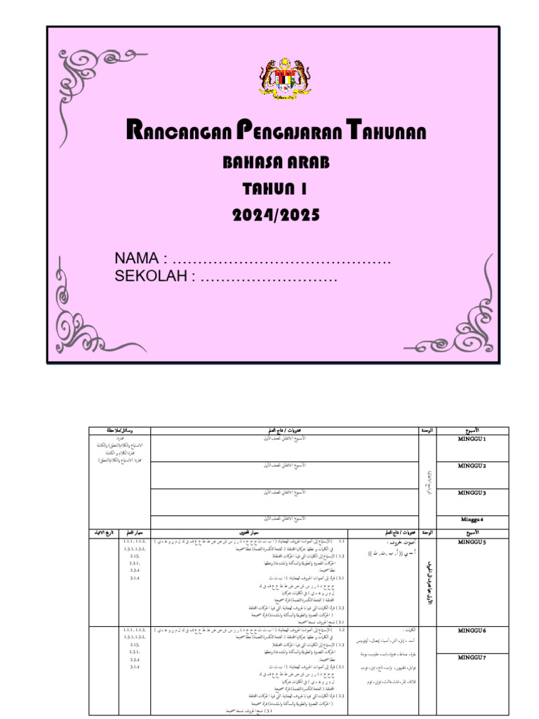 RPT Bahasa Arab Tahun 1 Semakan Kegunaan Feb 2025 Jan 2026-1 | PDF