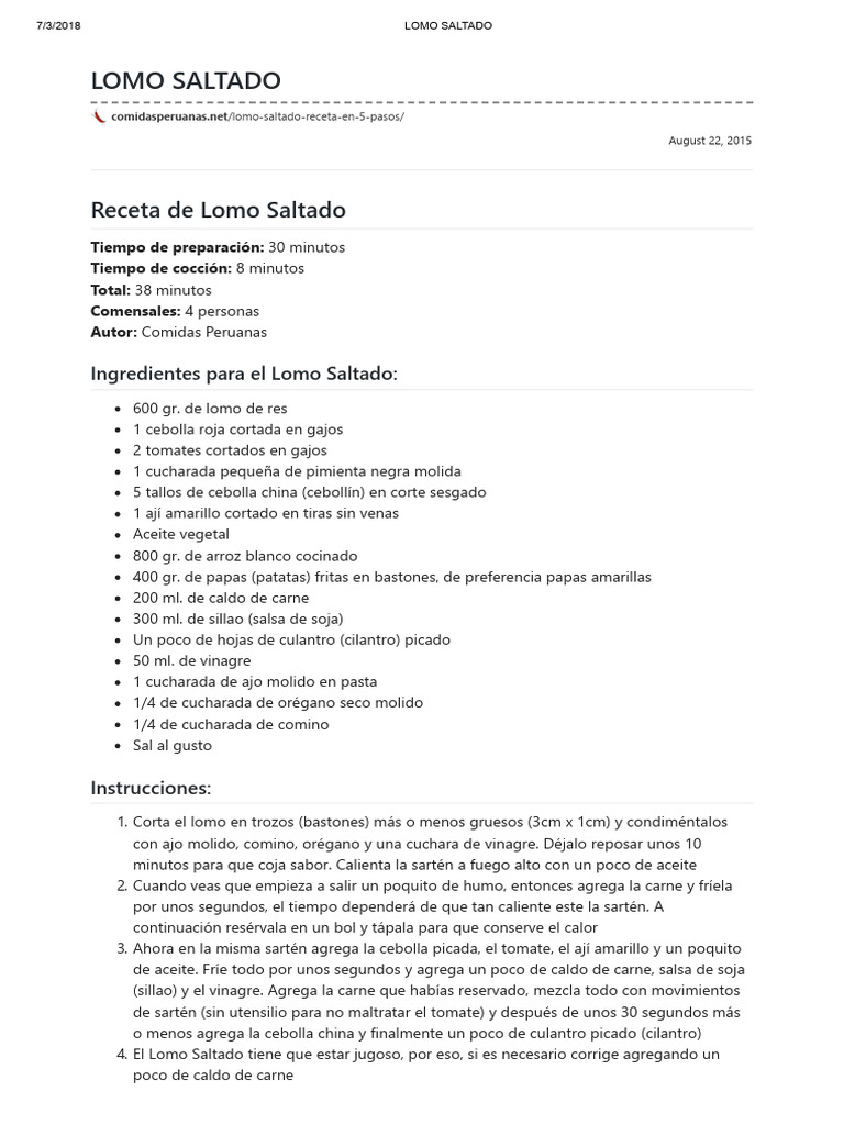 Receta de Lomo Saltado para 4 Personas | PDF | Cilantro | Alimentos
