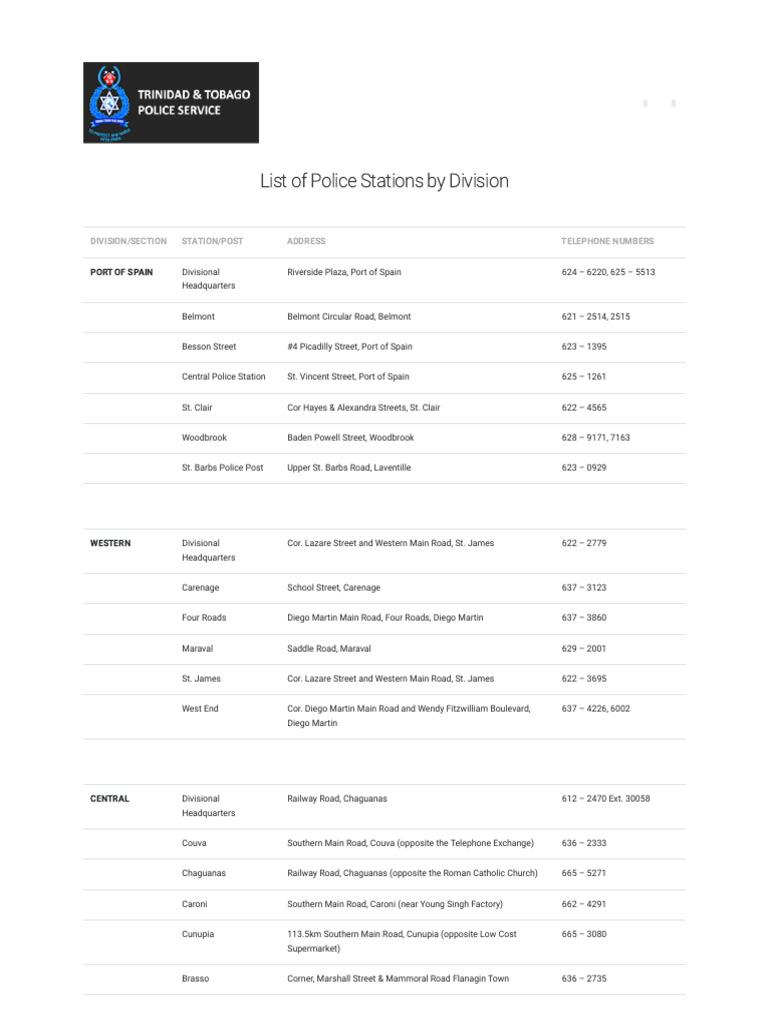 Trinidad Police Station Contact List | PDF | Public Safety | Telephony