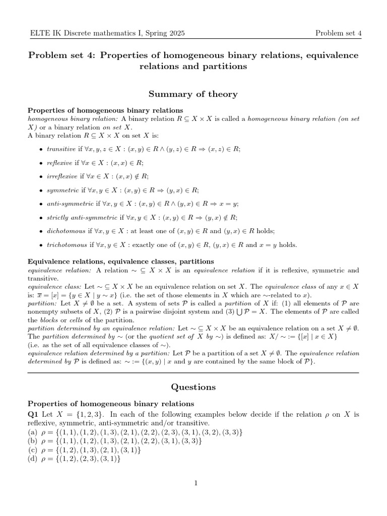 dm1 - Problem Set - 4 - Relations - 2025 Spring | PDF | Mathematical Logic | Mathematical Relations