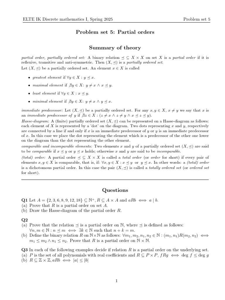 dm1 - Problem Set - 5 - Relations - 2025 Spring | PDF | Algebra | Mathematical Analysis