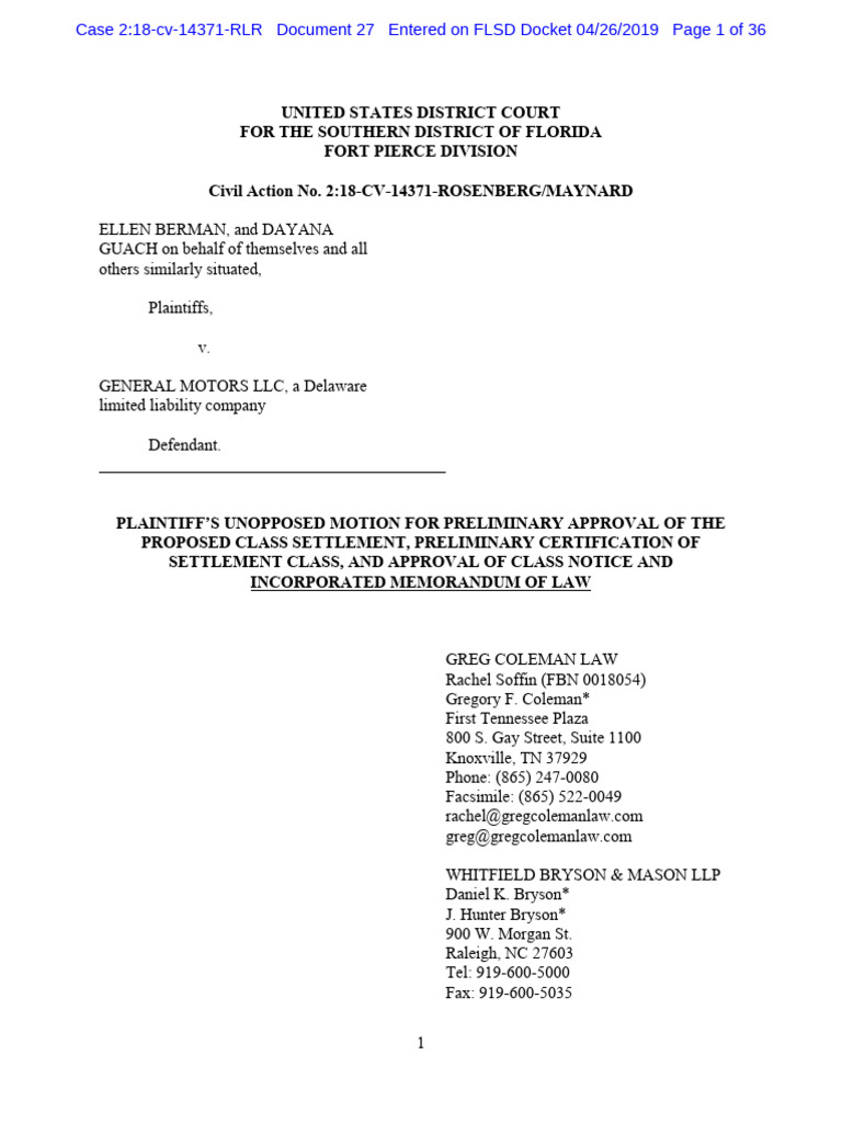 Berman Et Al V General Motors LLC Motion For Prelim Settlement Approval ...