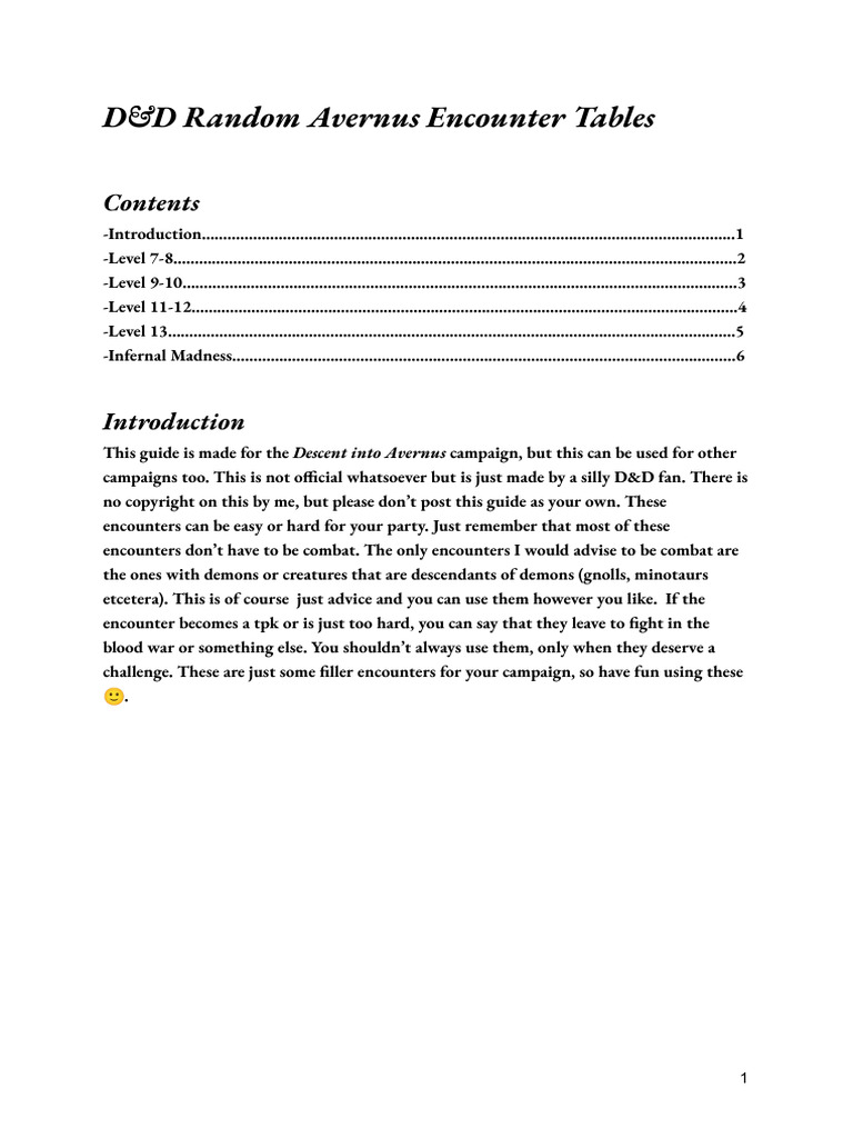 D&D Random Avernus Encounter Tables | PDF | Monsters | Fantasy Creatures
