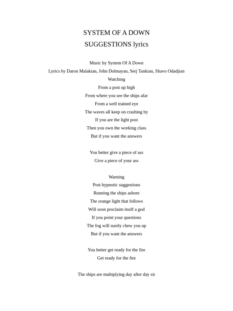 System of a Down: Suggestions Lyrics | PDF