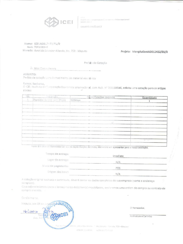 Pedido de Cotacao Moz Computers | PDF