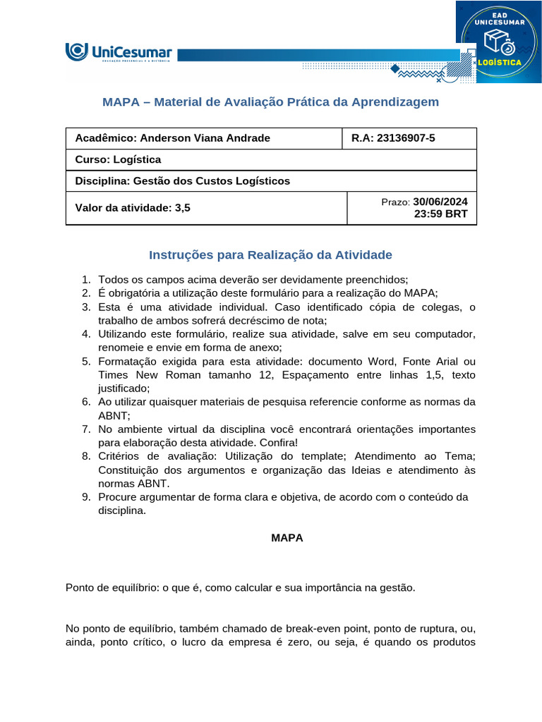 Atividade Mapa-Gestão Dos Custos Logísticos | PDF | Economia | Custo