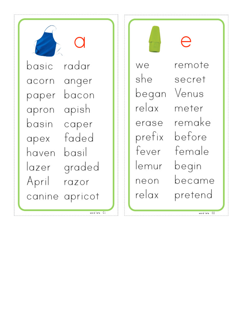 Green Reading Set C Word Lists - Open Syllable Long Vowel | PDF