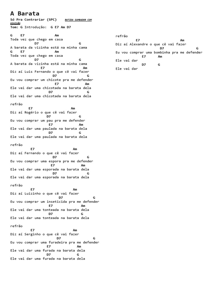 Letra da Música "A Barata" - SPC | PDF