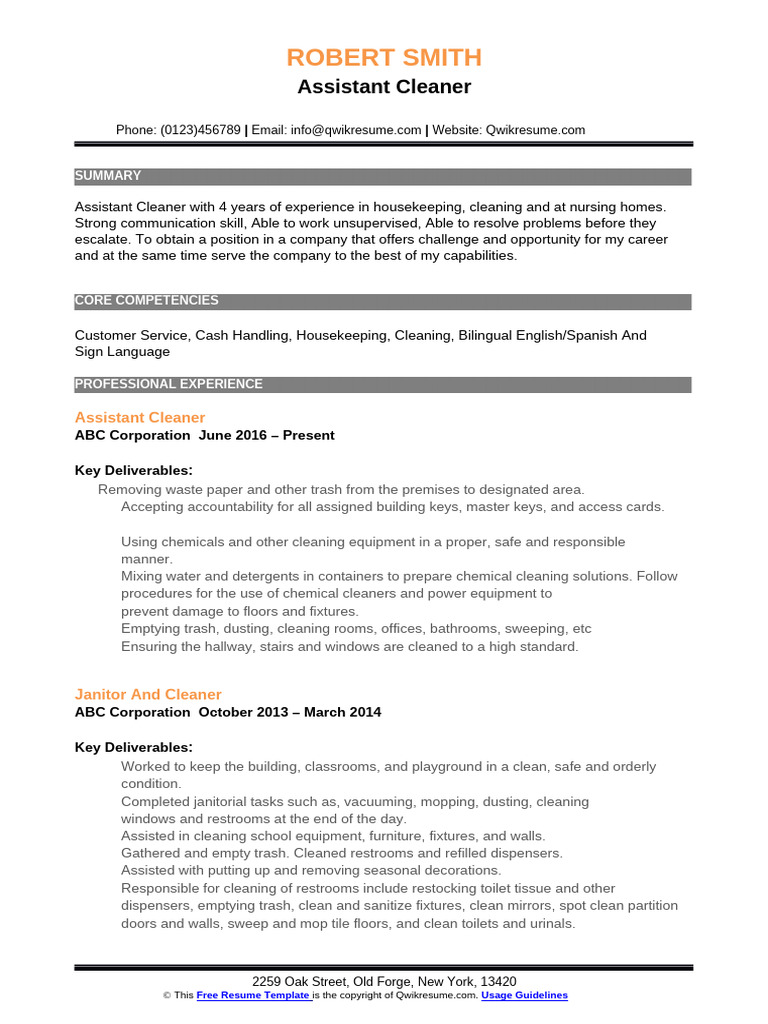 Assistant Cleaner Resume | PDF | Public Toilet | Housekeeping