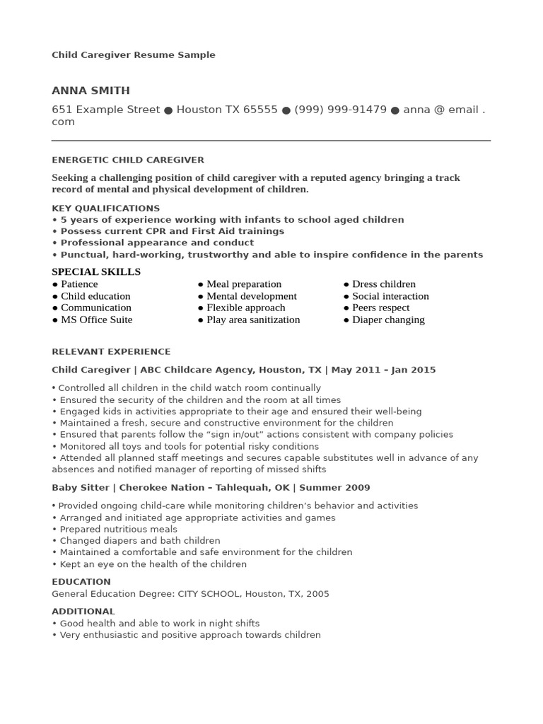 Child Caregiver Resume Sample | PDF