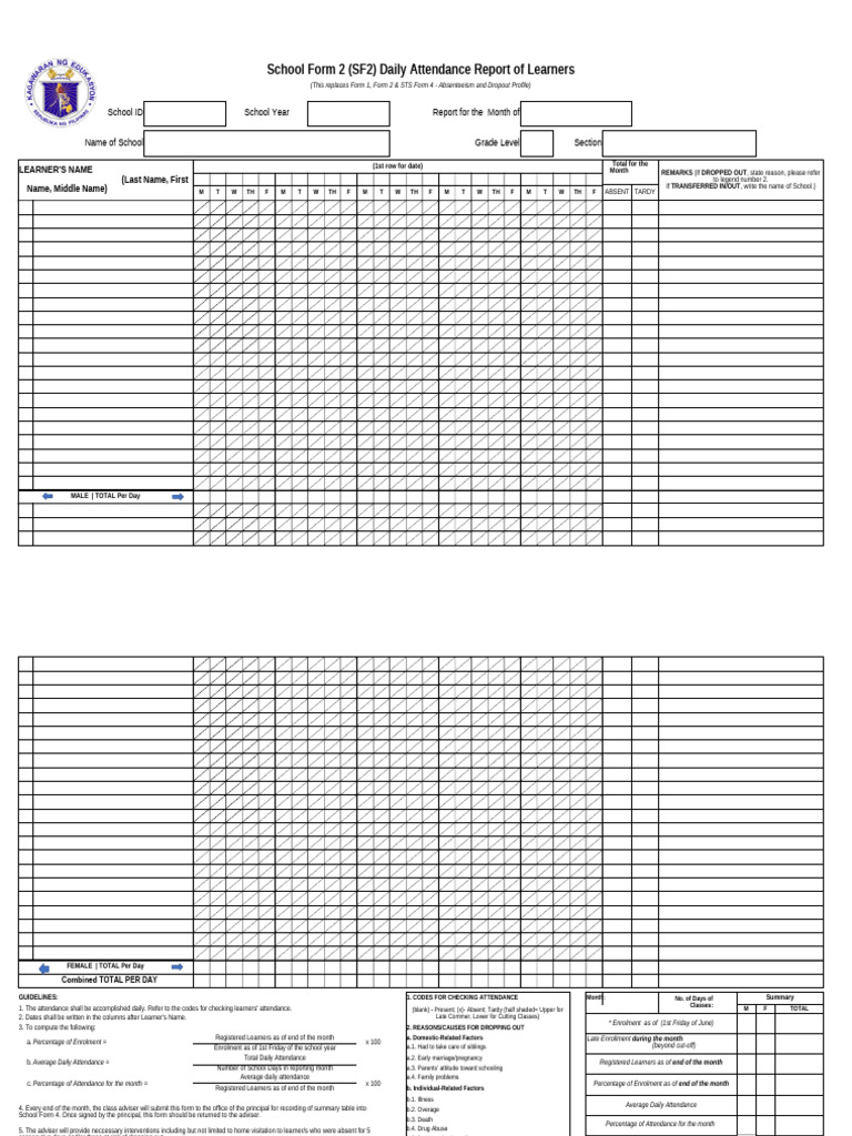 SF 2 Daily Attendance Editable 013650 | PDF | Social Policy | Youth